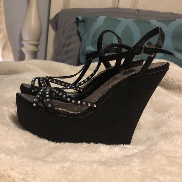 Y-Not | Shoes | Sexy Black Strappy Satin Wedges With Rhinestones | Poshmark